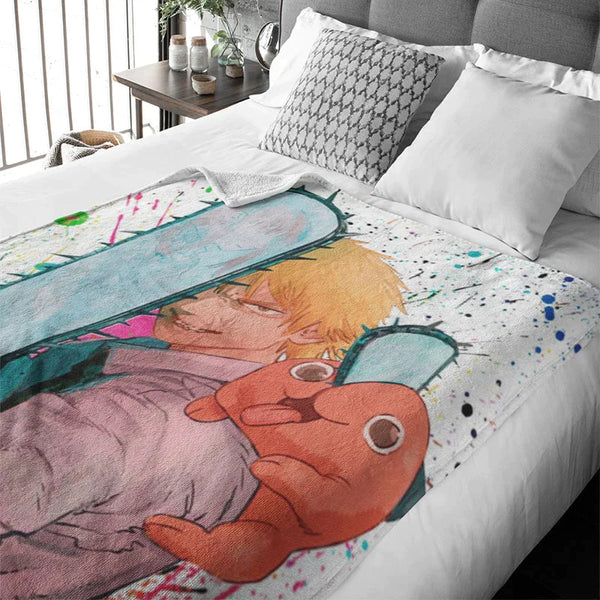 Denji Pochita Combo Splatter Ink Color Chainsaw Man Blanket - ANcrave